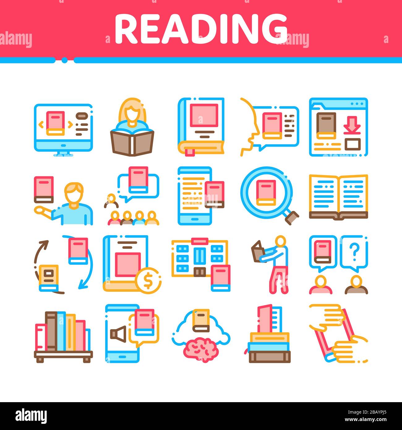 Reading Library Book Collection Icons Set Vector Stock Vector Image ...