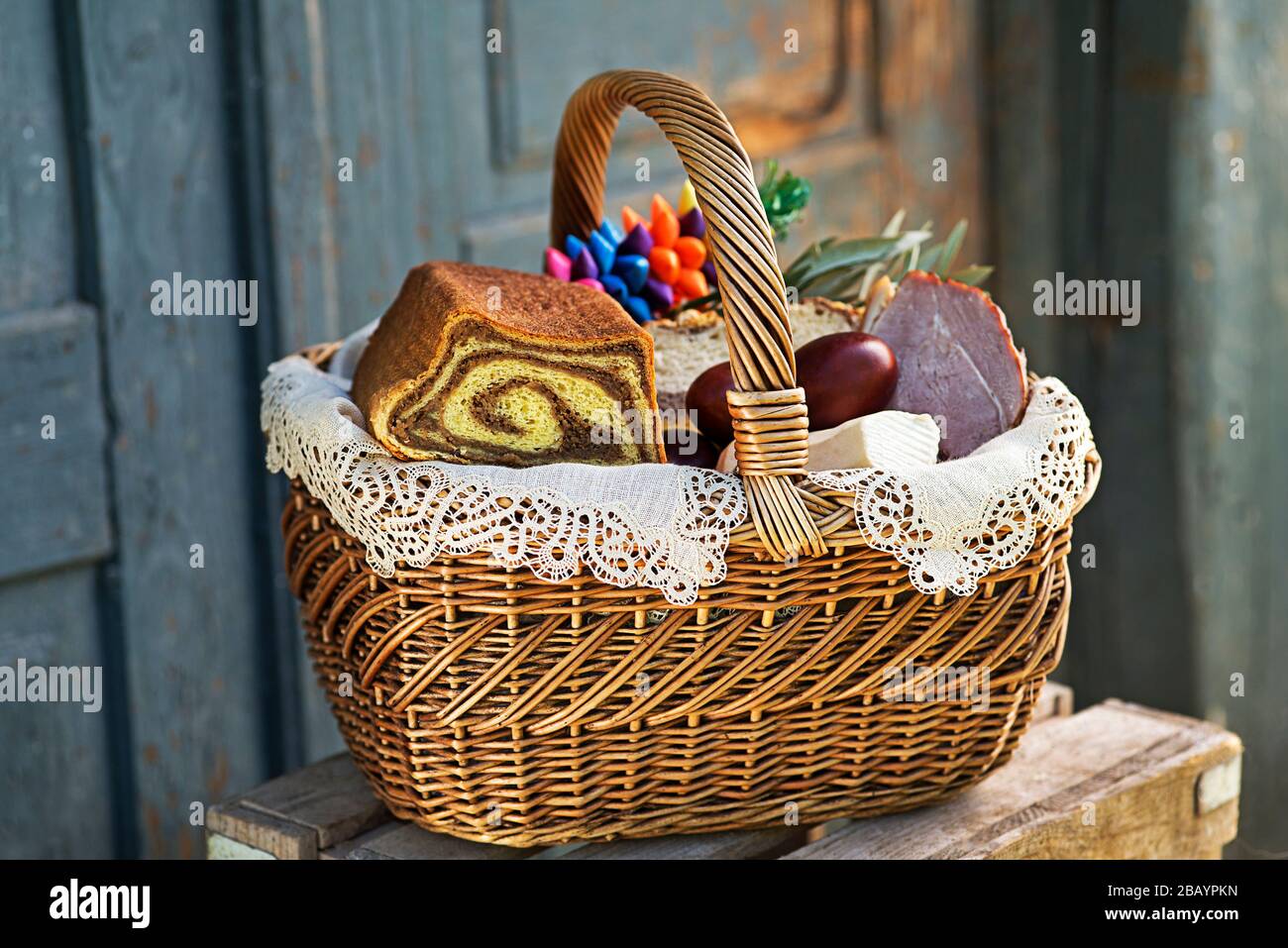 Easter traditional food with ham, eggs and bread. Holidays background ...