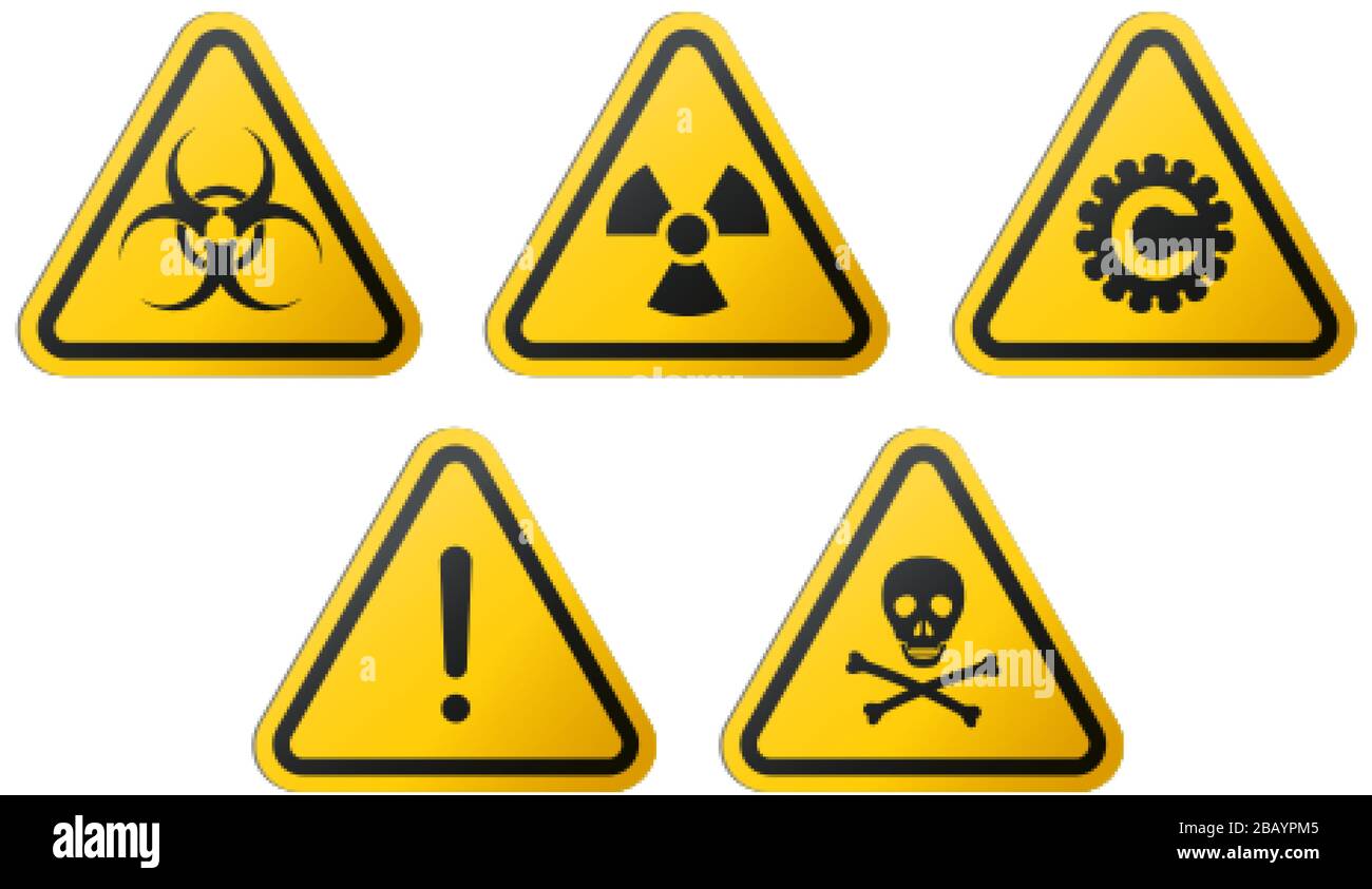 Triangular signs of a hazard warnings : biohazard, ionizing radiation ...