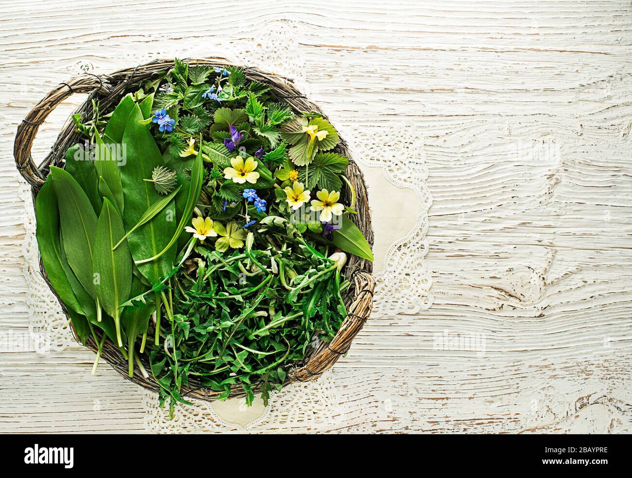 Healthy spring food ingredients. Dandelion, wild garlic and nettle in ...
