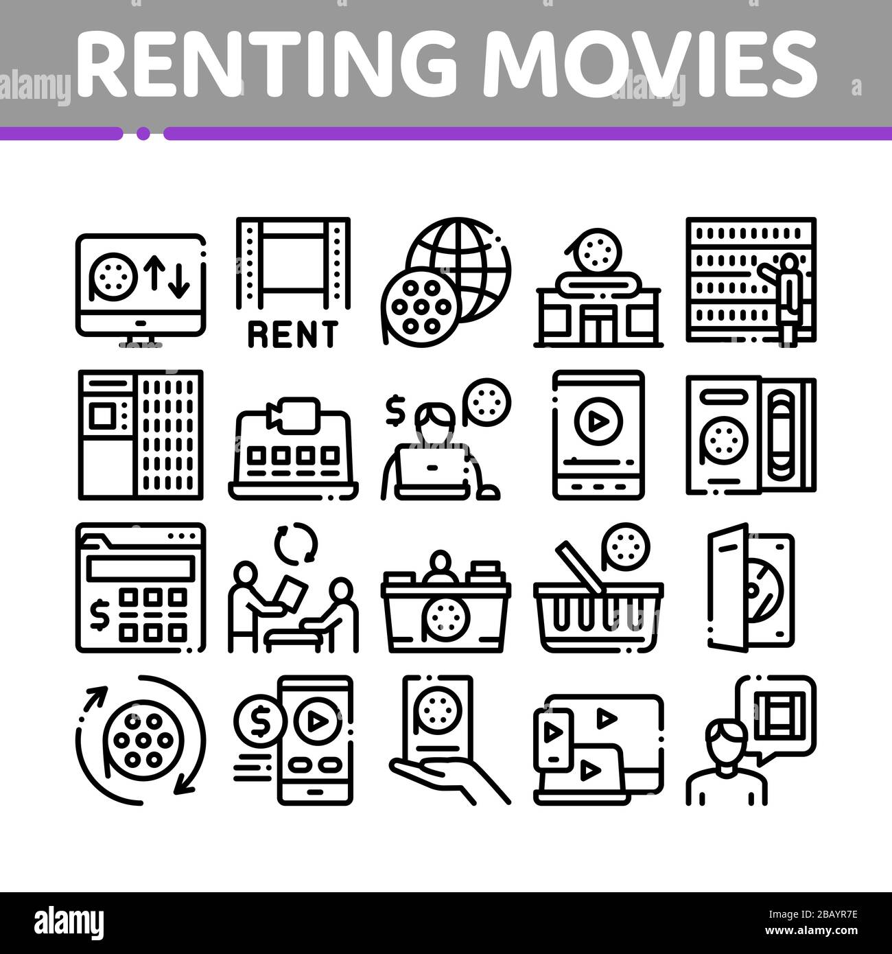 Renting Movies Service Collection Icons Set Vector Stock Vector Image ...
