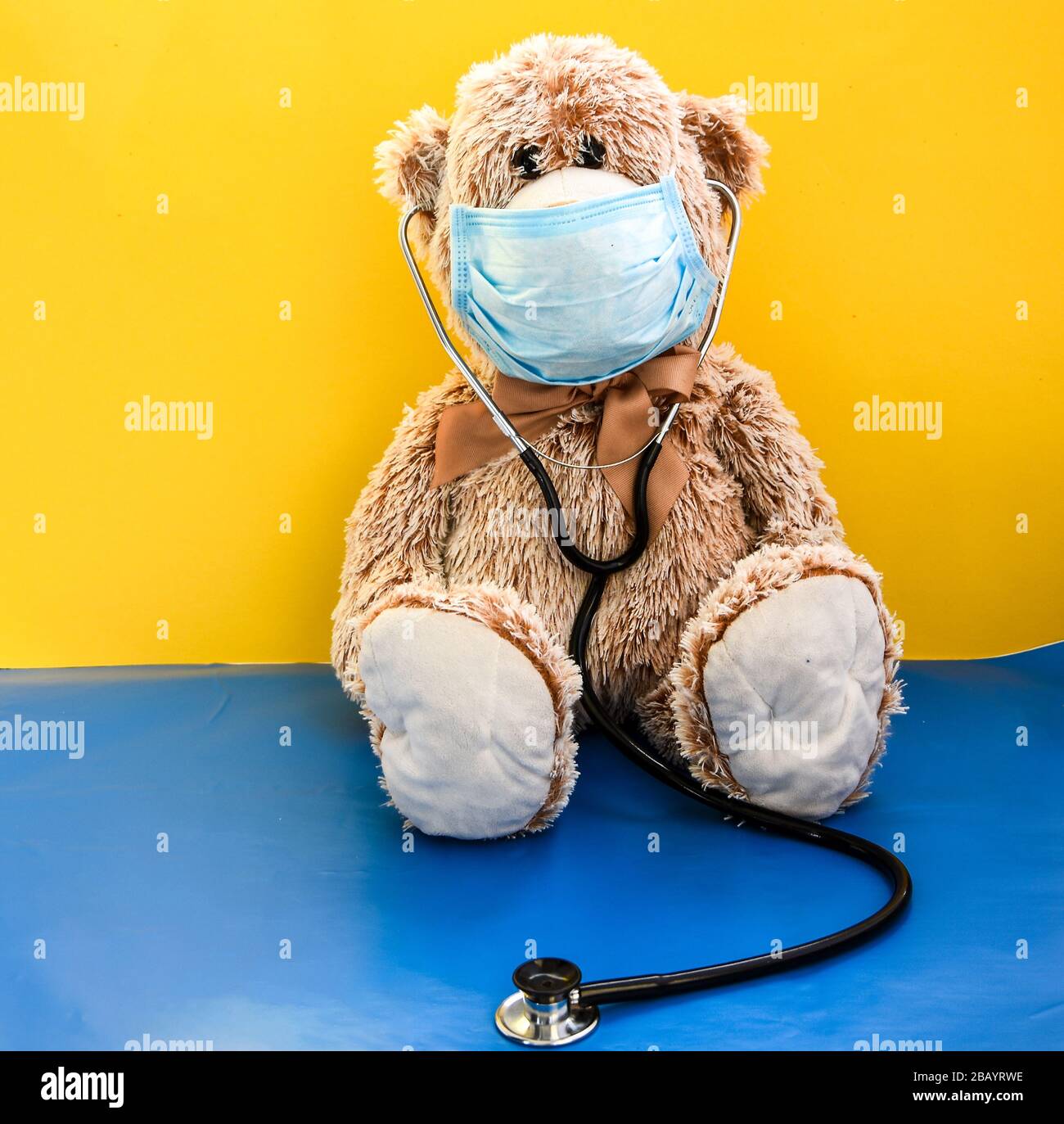 Coronavirus covid-19 and pollution protection concept. teddy bear doll ...