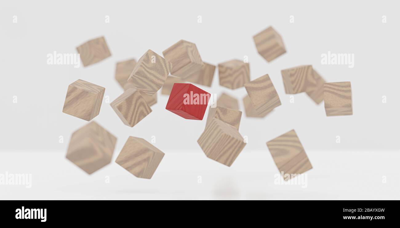 Flying falling wooden cubes showing concept of uniqueness and ...