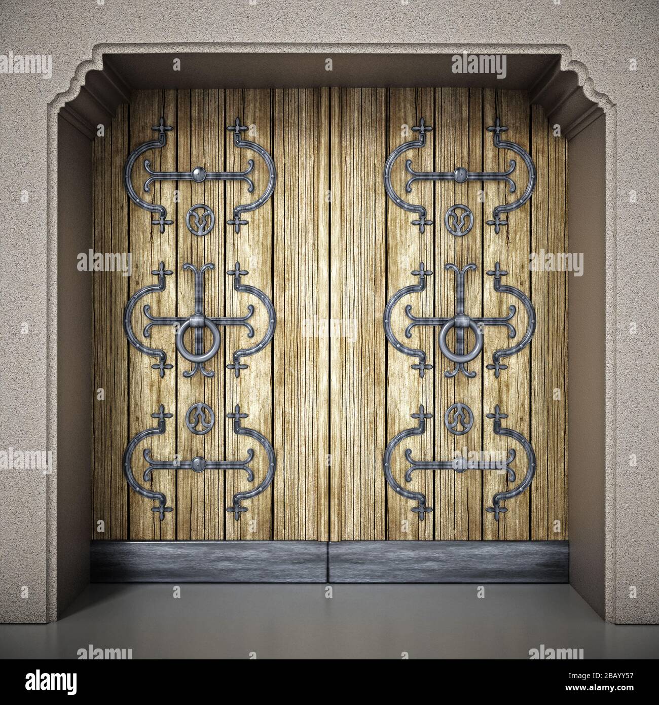 Elegantly ornamented old wooden doors. 3D illustration Stock Photo - Alamy