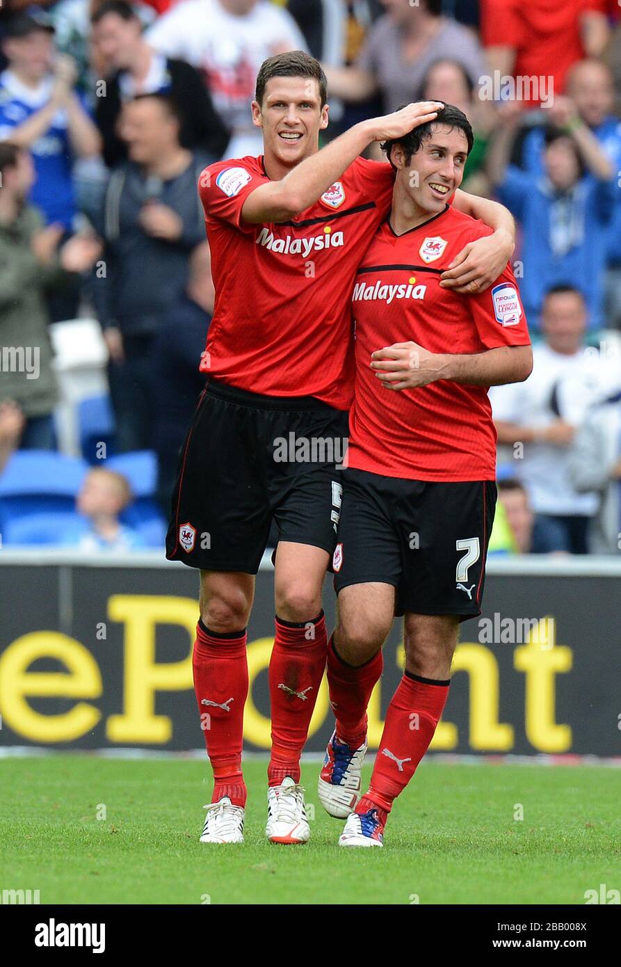 Cardiff City's Mark Hudson congratulates Peter Whittingham on scoring ...