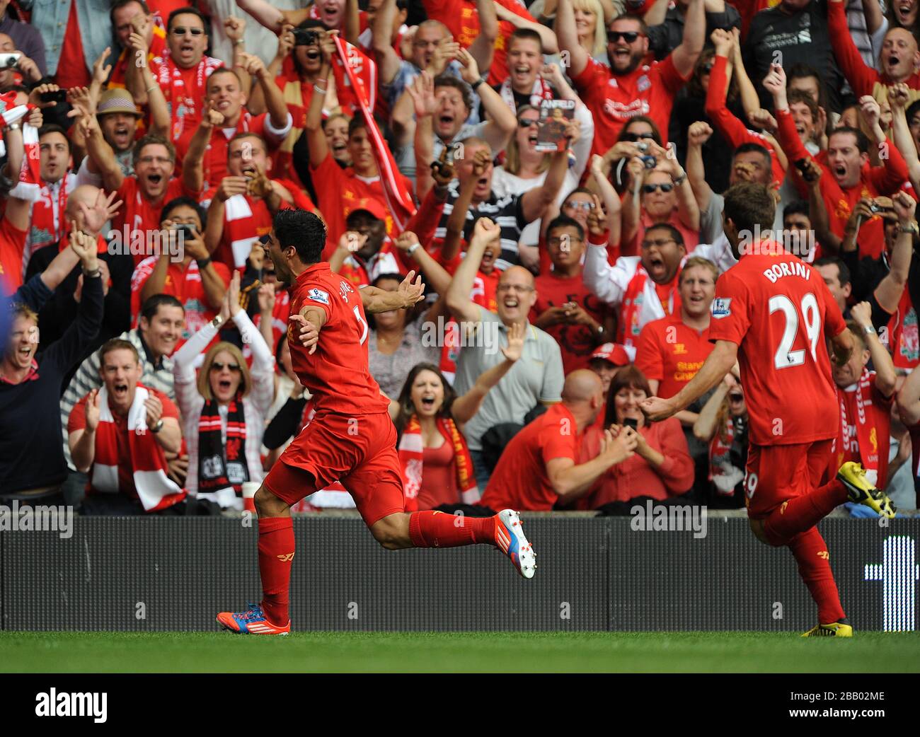Liverpool's Luis Suarez celebrates scoring his side's second goal Stock ...