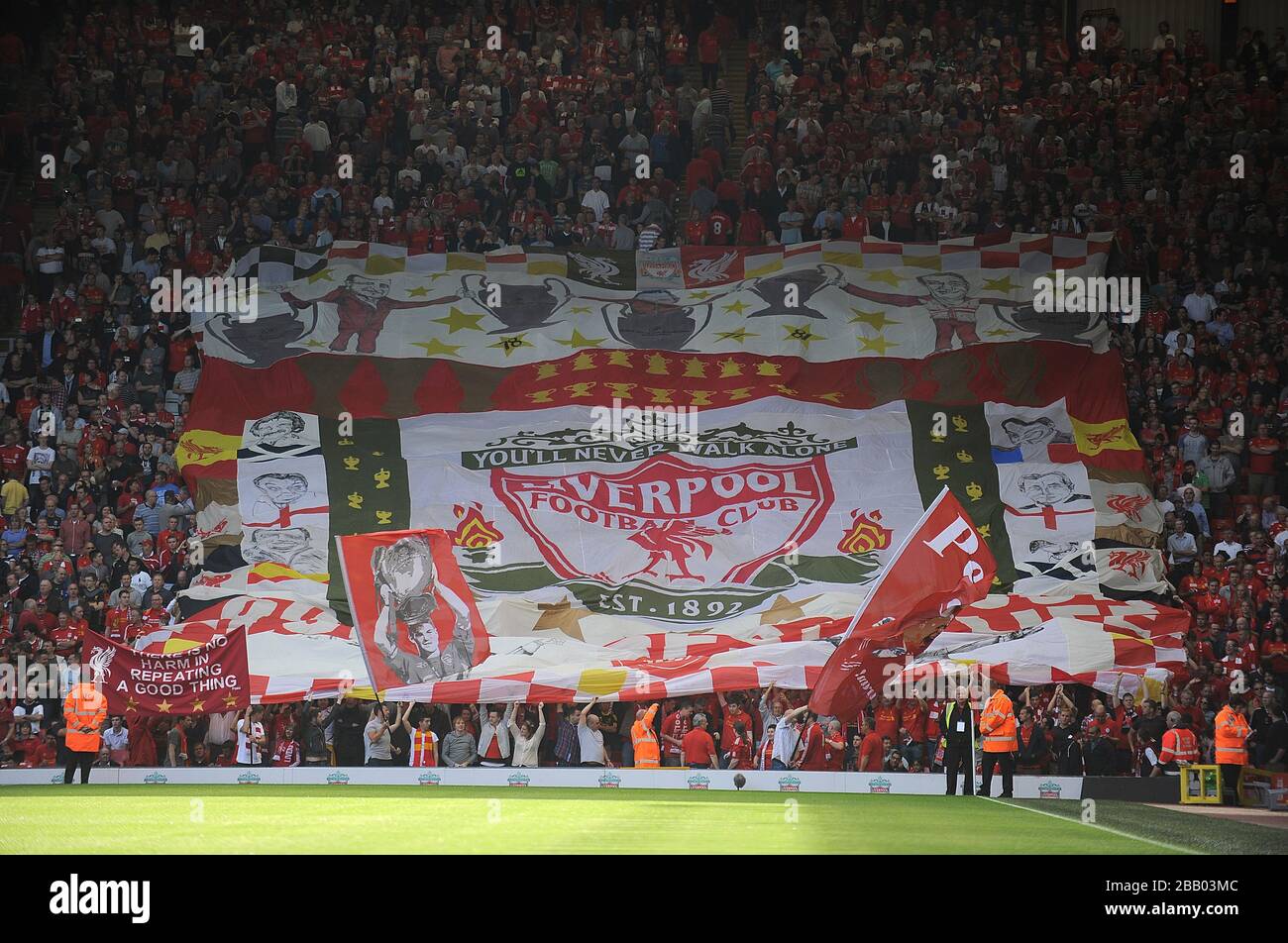 General view of a giant Liverpool banner in the stands Stock Photo - Alamy