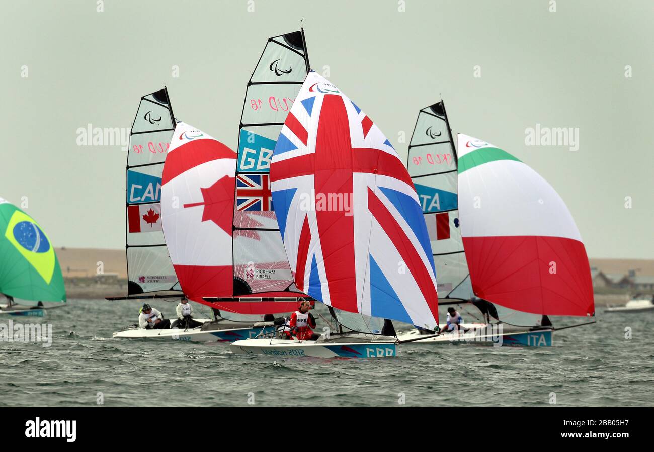 Paralympic action in the Skud class at the Sailing venue in Weymouth ...