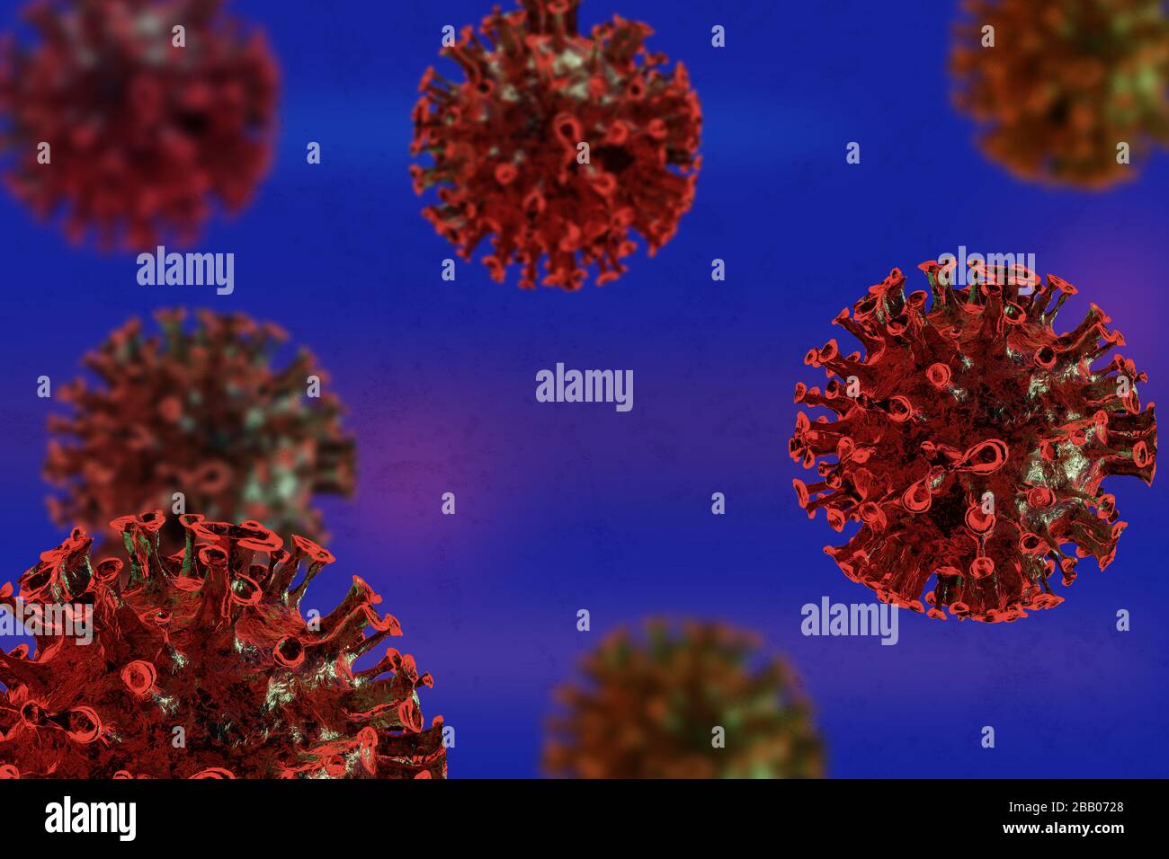 Illustration of group of corona viruses, covid-19 on blue background ...