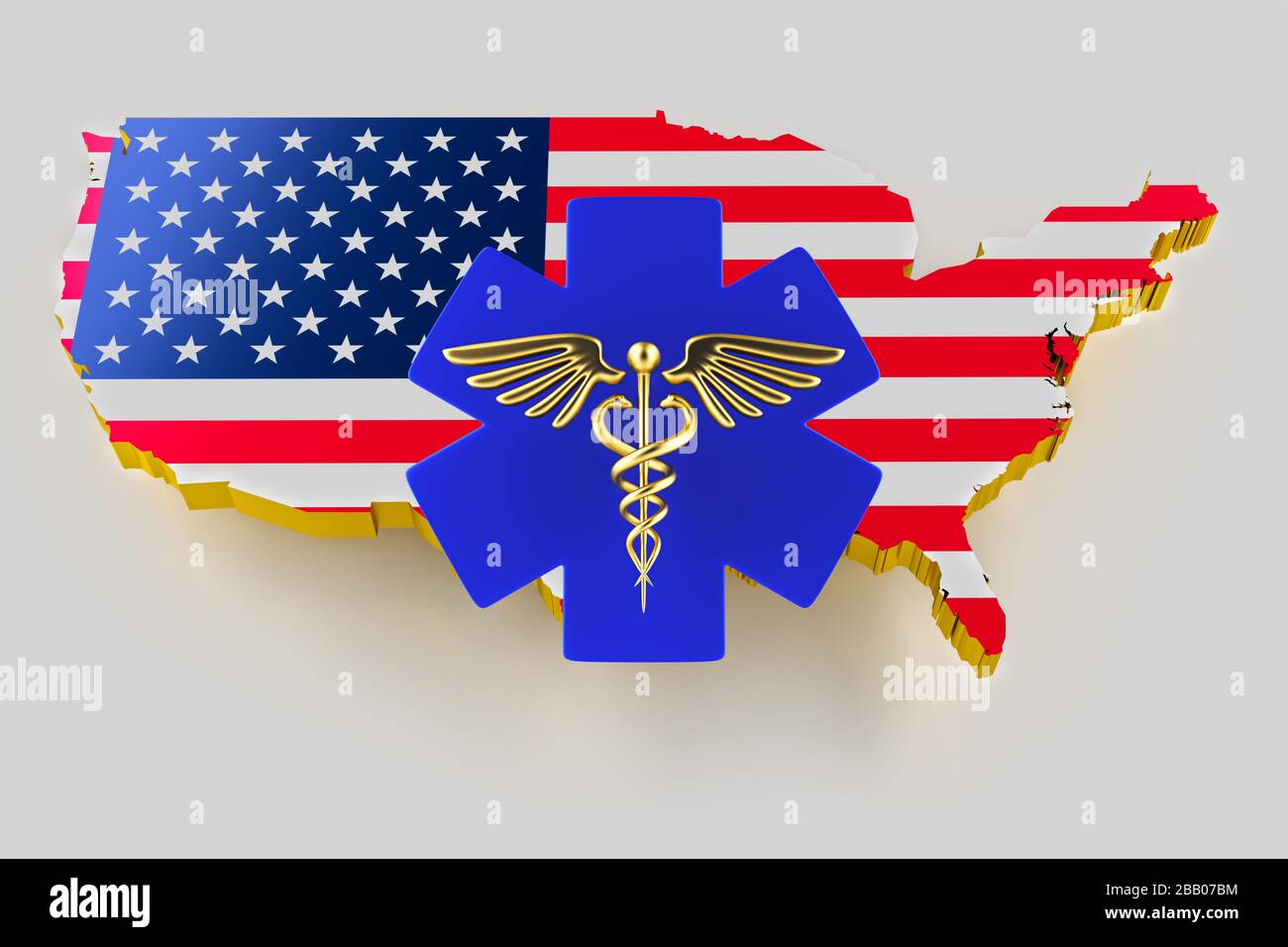 Caduceus sign with snakes on a medical star. Map of USA land border ...