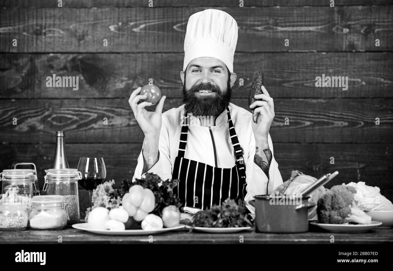 Say no to unhealthy food. Vitamin. man use kitchenware. Professional ...