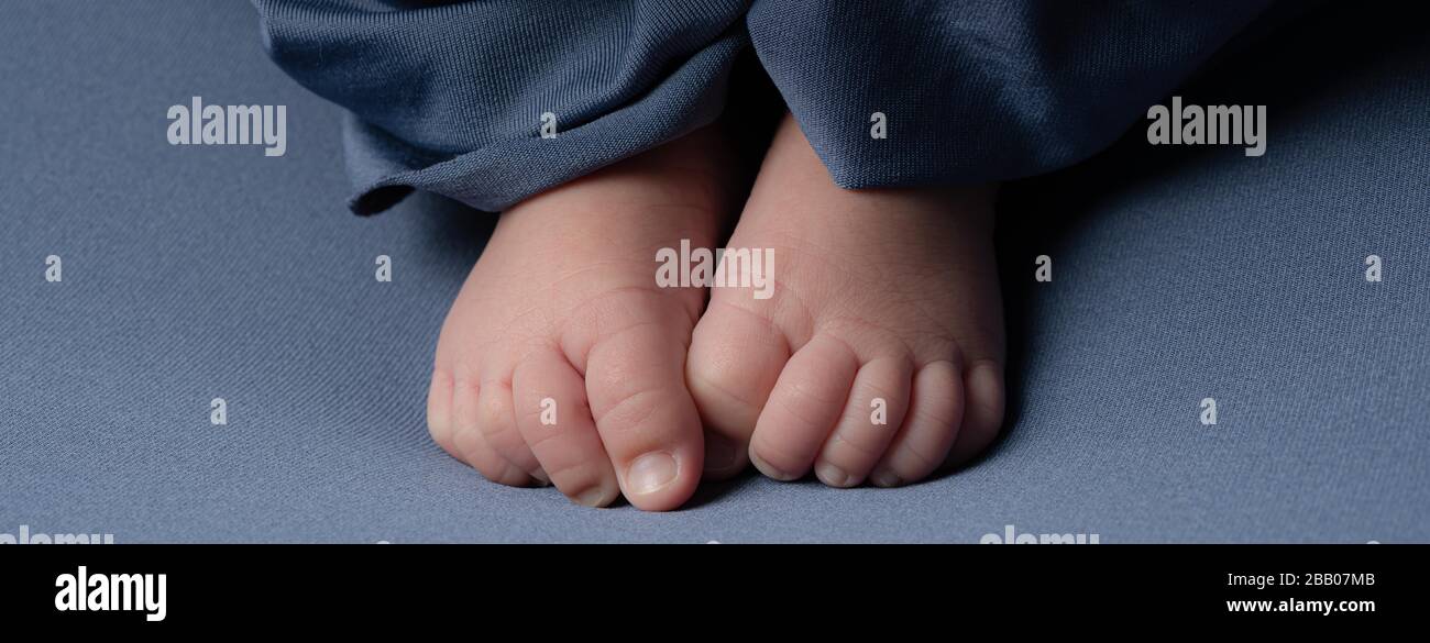 Newborn baby feet under the blue blanket, closeup of infant bare feet ...