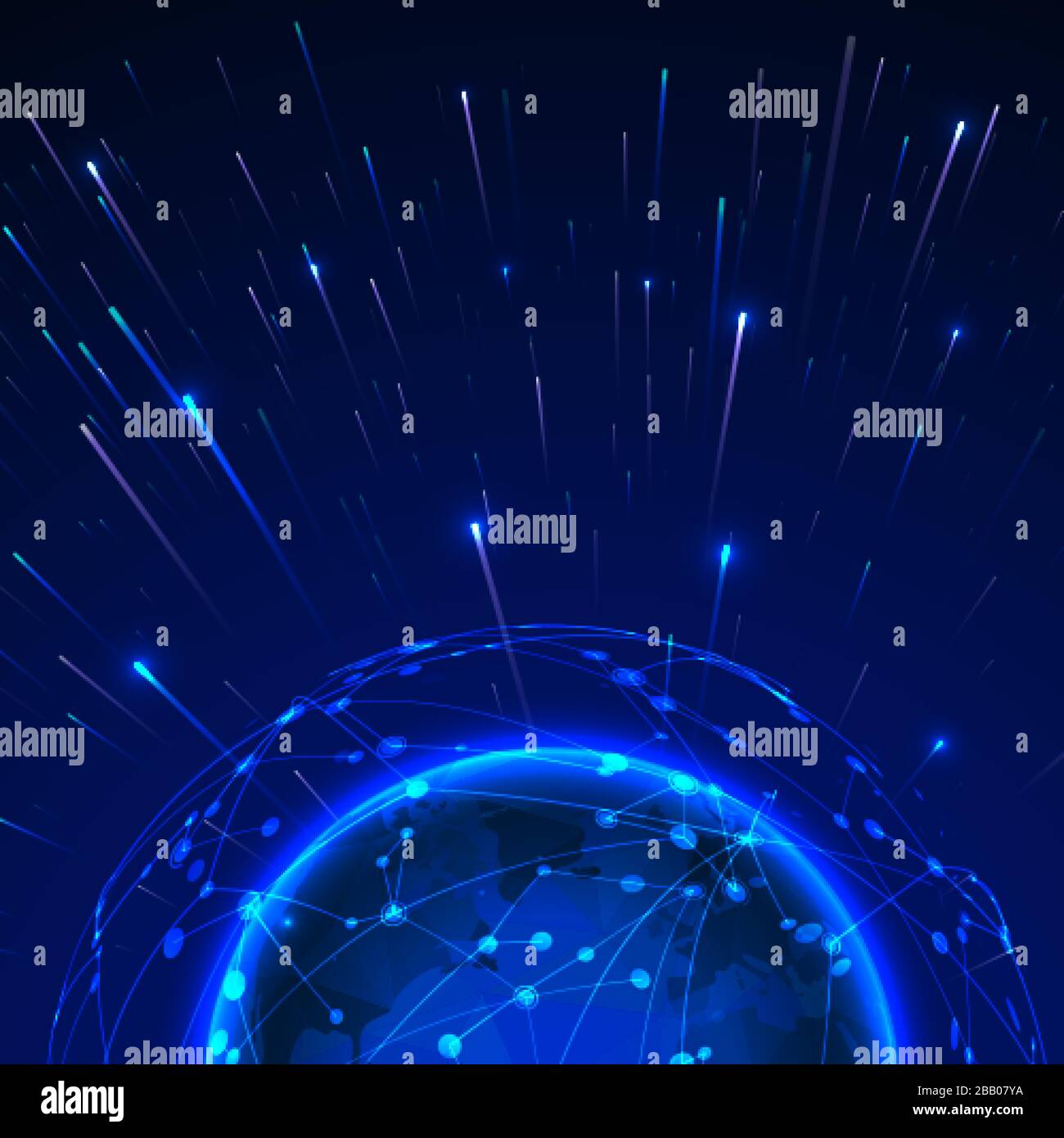 Big data concept. Data streams around global network. Futuristic technology blue background ...