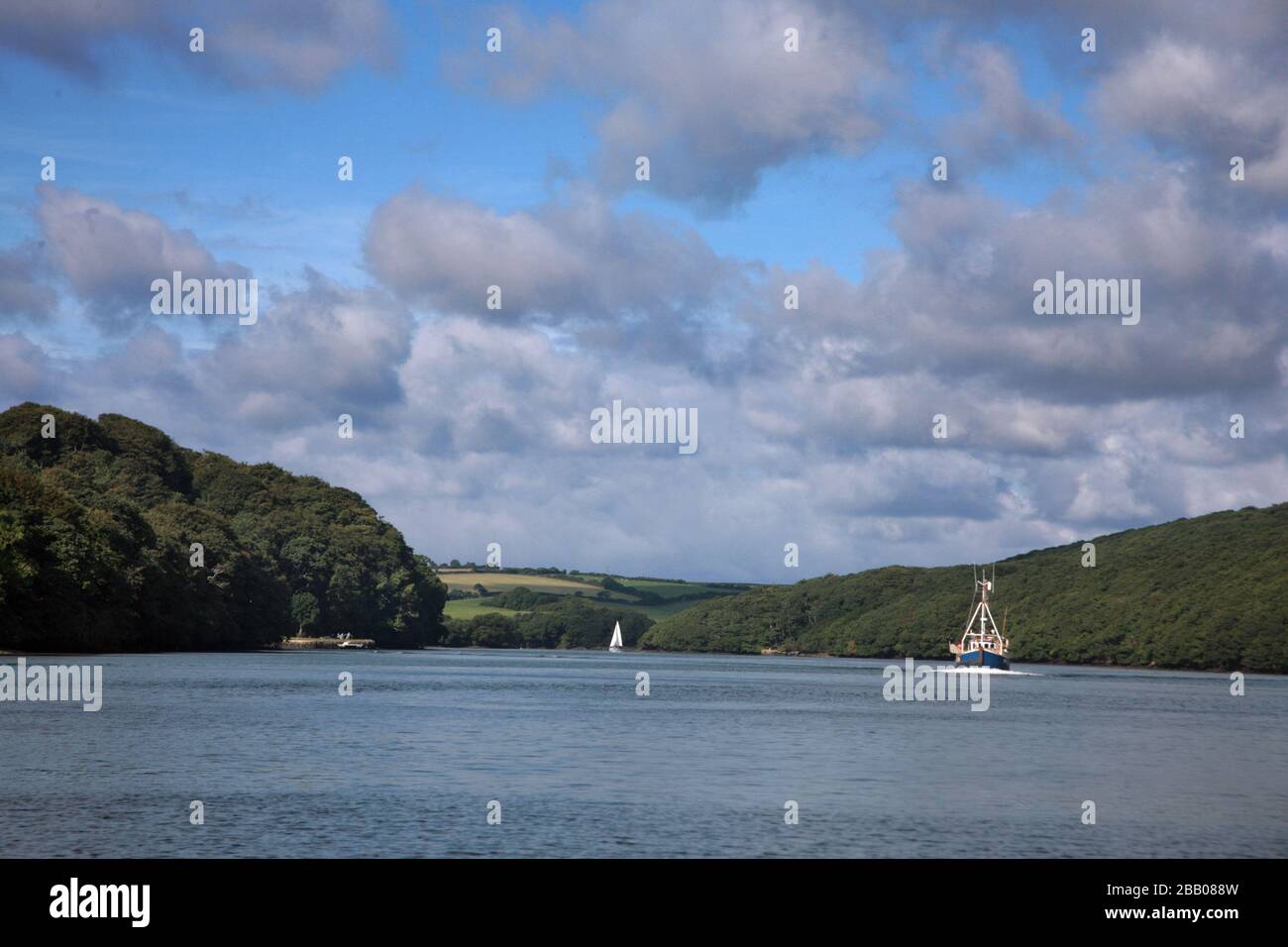 A quiet reach of the Helford River near Tremayne Quay looking upstream ...