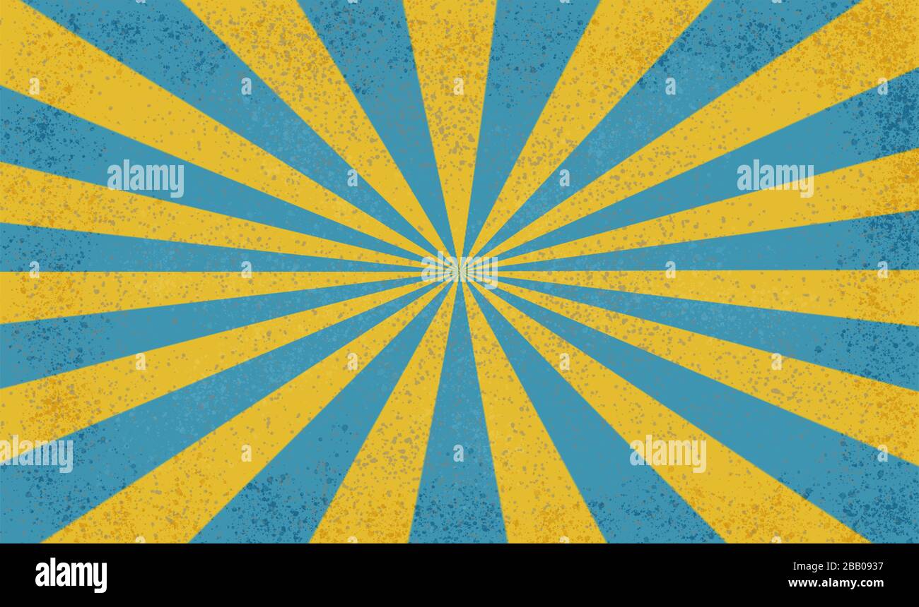Old, Grunge Sunburst Background. Yellow and Blue radial sun rays with ...