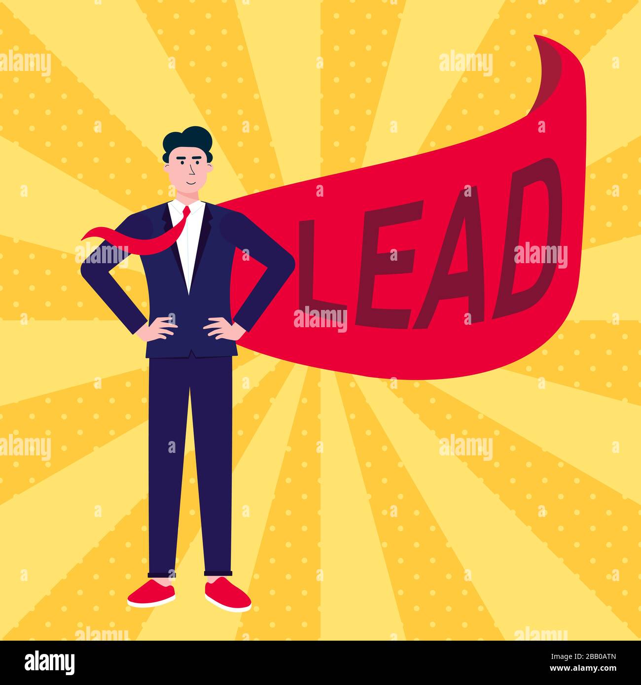 Successful man, leader, businessman in suit and red cape with LEAD text ...