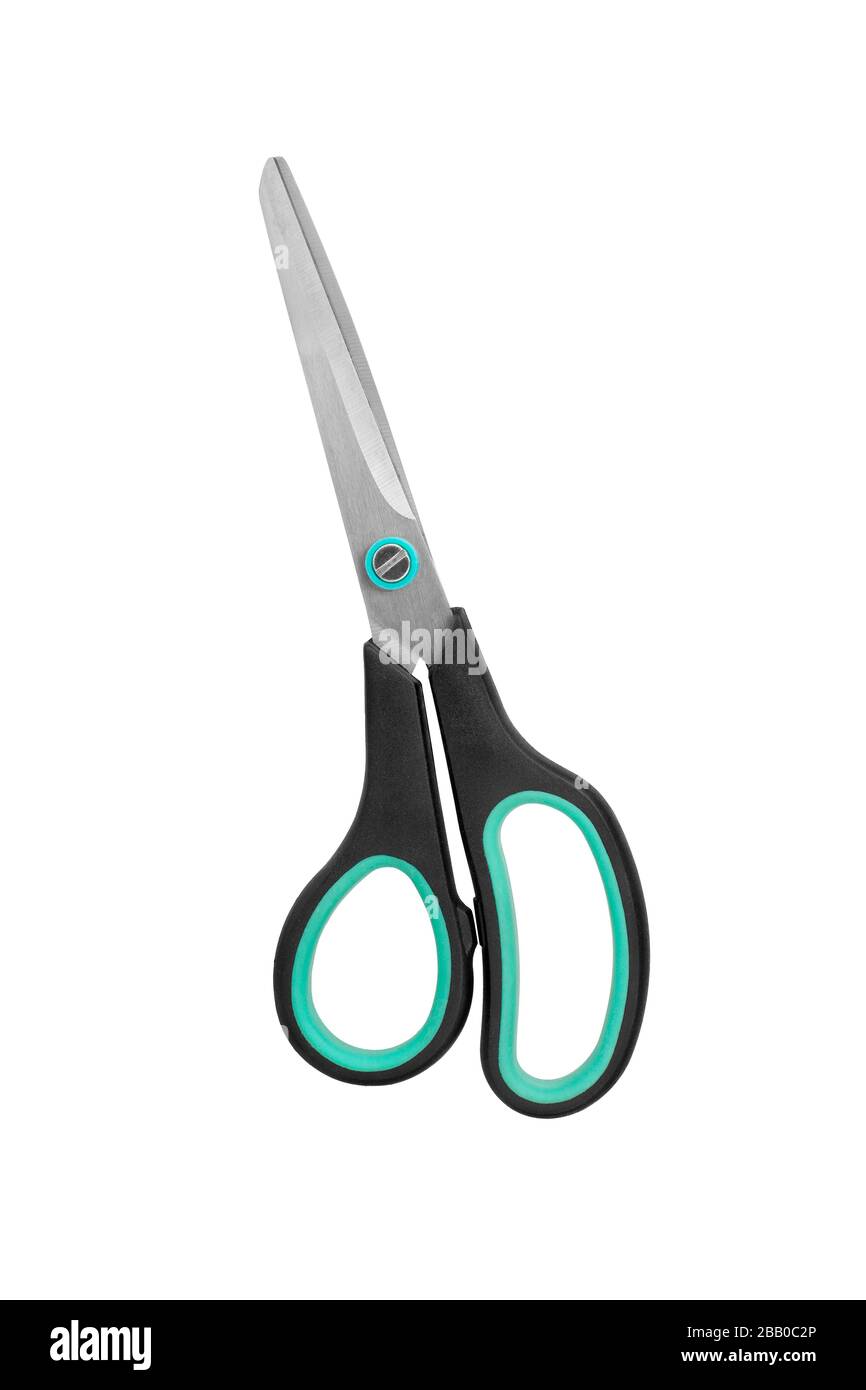 Silver metal closed scissors with black plastic handles white ...
