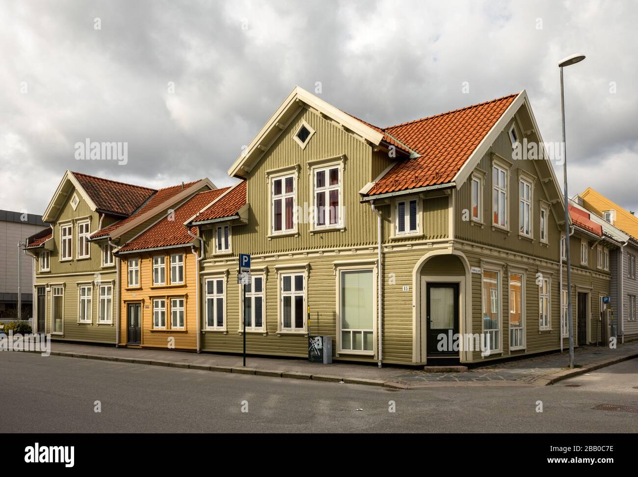 Colorful old wooden houses in Posebyen, the Old Town in Kristiansand ...