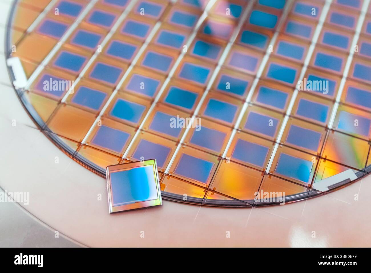 Silicon wafer with microchips fixed in a holder with a steel frame ...