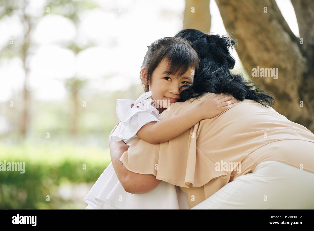 Happy little Vietnamese girl in summer hugging her grandmother Stock ...