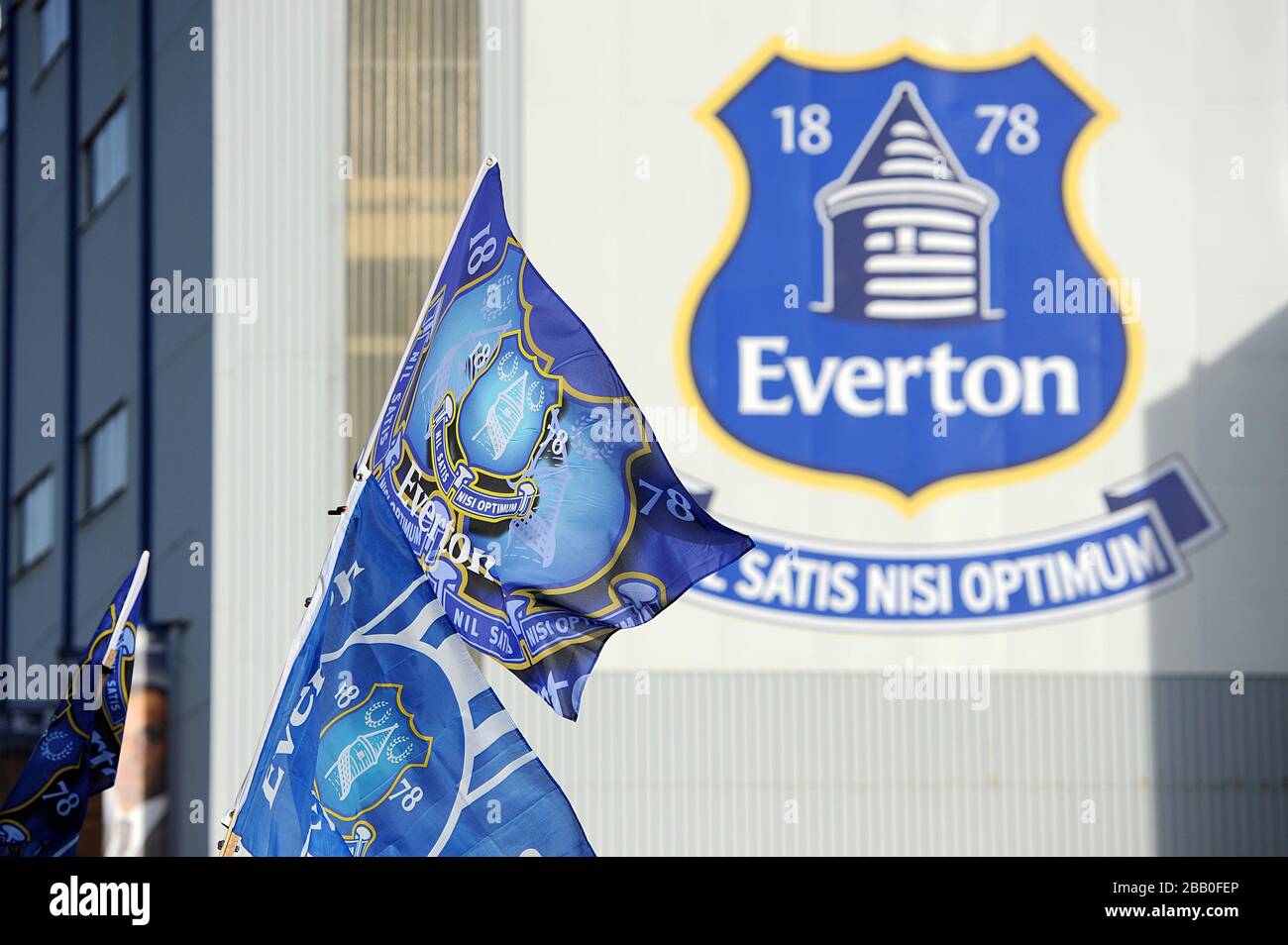 Everton flags fly high outside Goodison Park before the game Stock ...