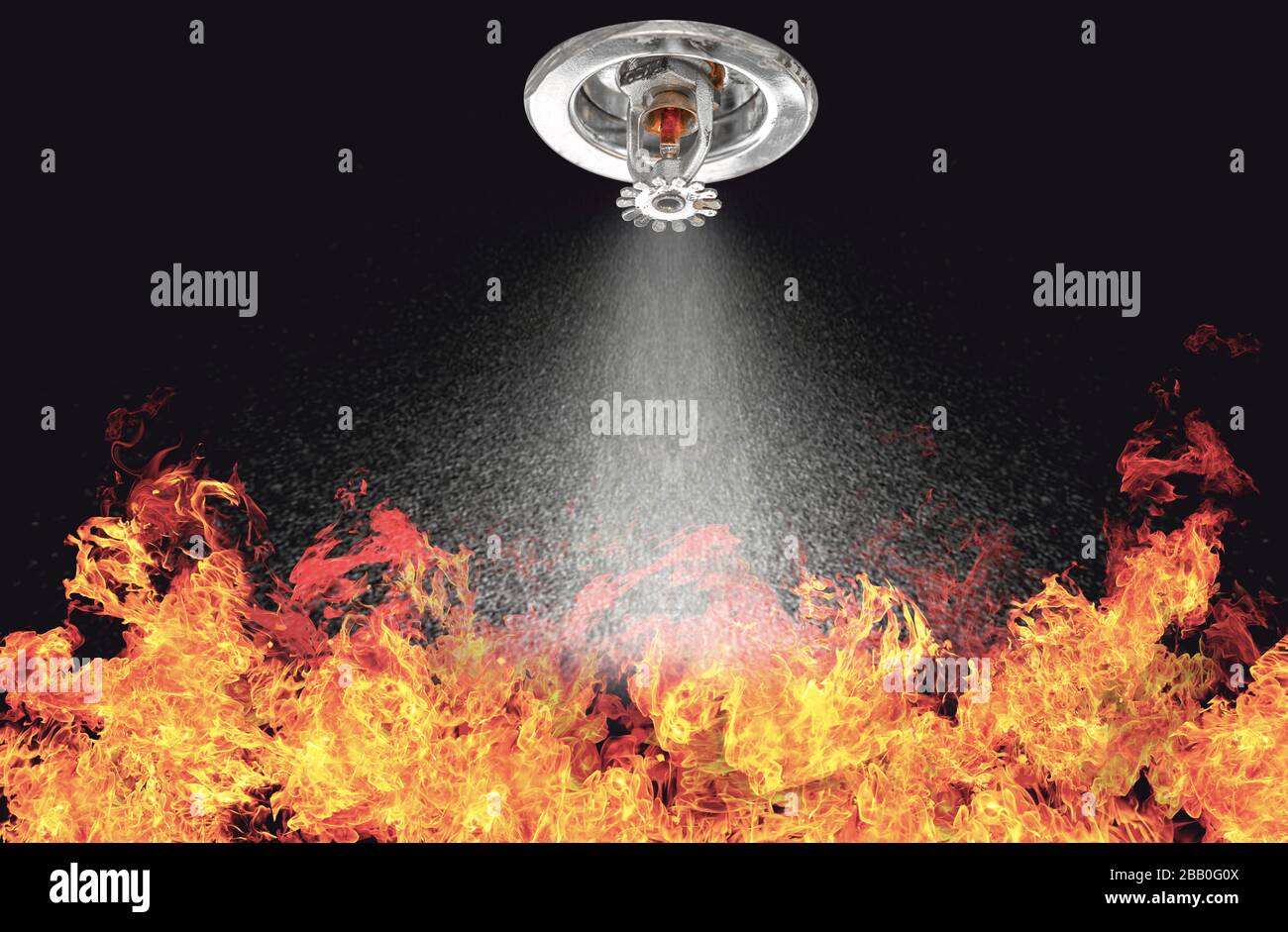 Image of Fire Sprinklers Spraying with fire background. Fire sprinklers ...