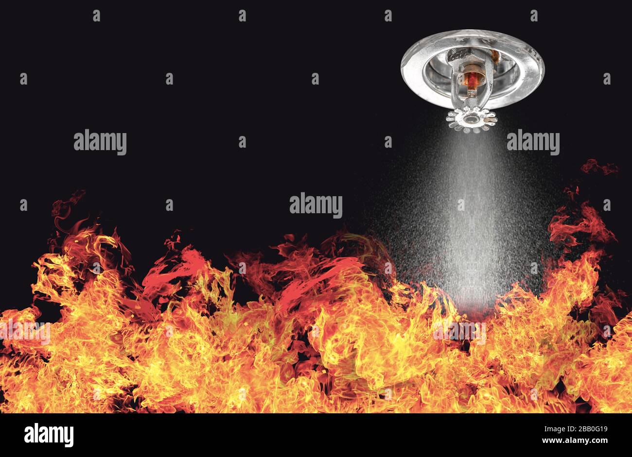 Image of Fire Sprinklers Spraying with fire background. Fire sprinklers ...