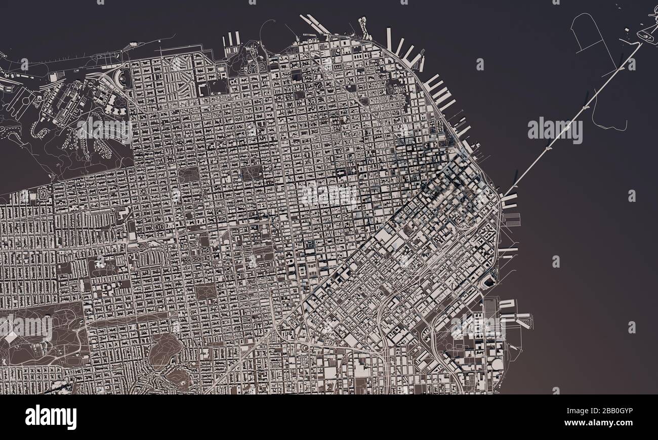 San Francisco city map 3D Rendering. Aerial satellite view Stock Photo ...