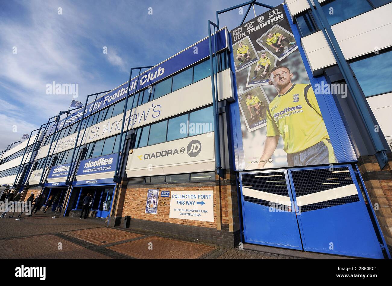 A view of the banners hanging down the side of St Andrew's stadium ...