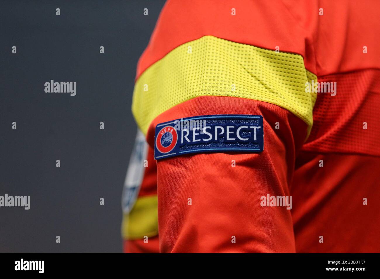 Detail view of a UEFA Respect badge on a match official's sleeve Stock ...