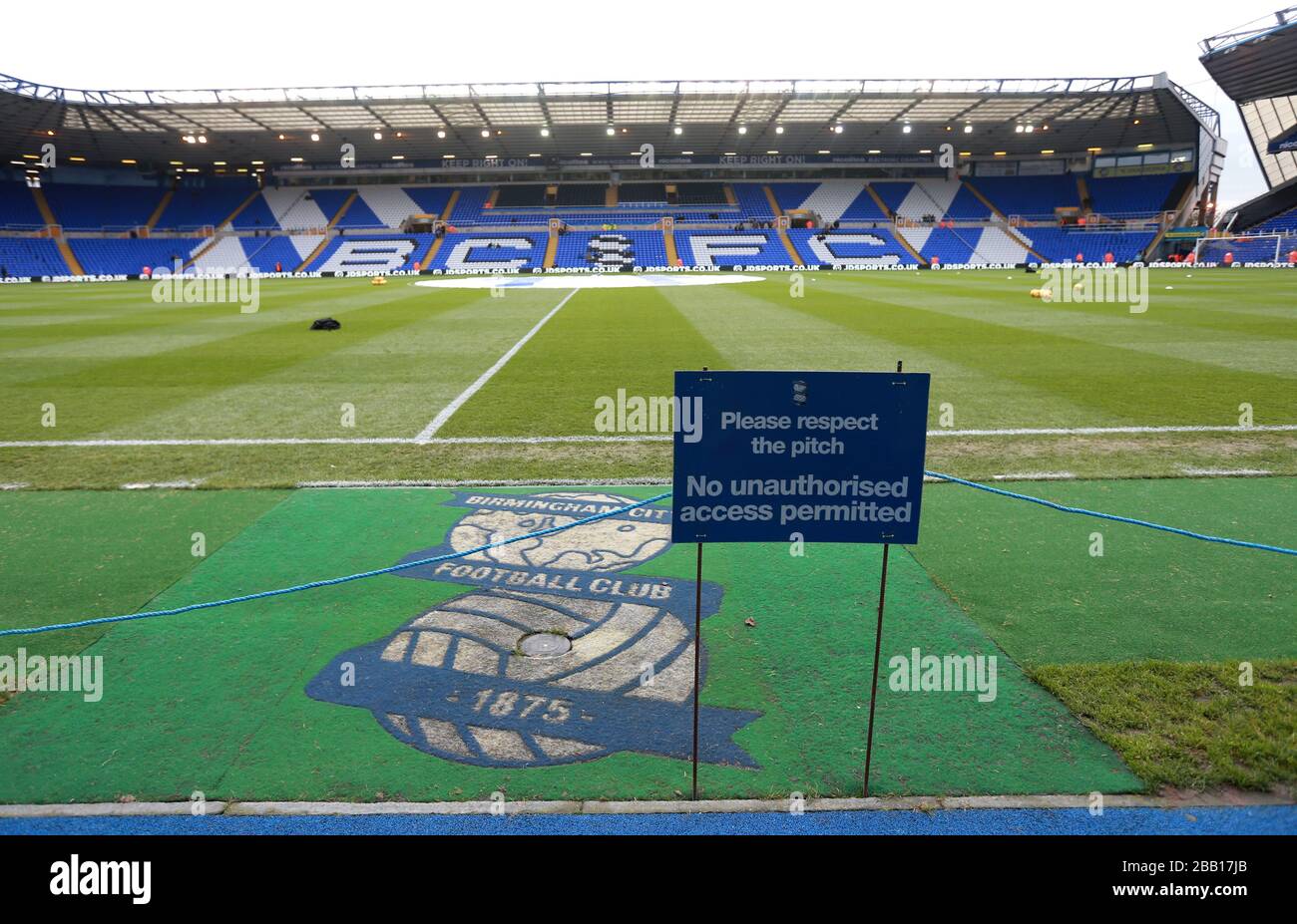 A pitch side sign at St Andrew's asks fans to 'Please respect the pitch ...