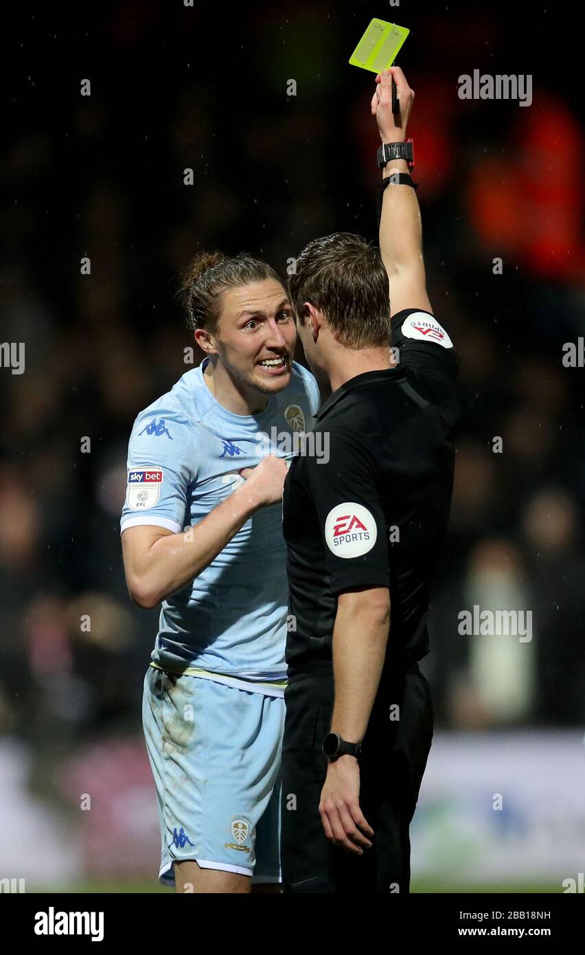 Leeds United's Luke Ayling reacts after being shown a yellow card by ...