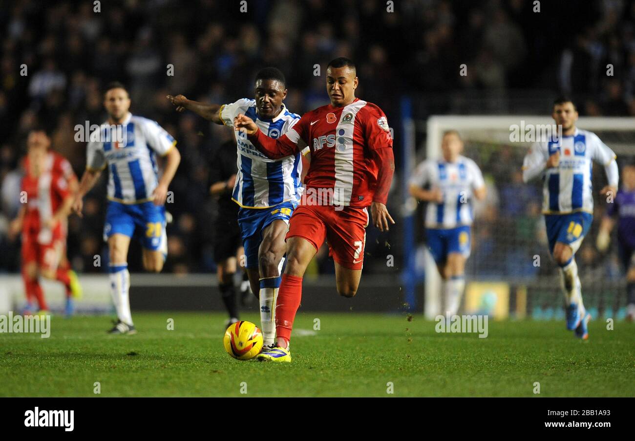Blackburn Rovers' Joshua King (right) runs past Brighton and Hove ...