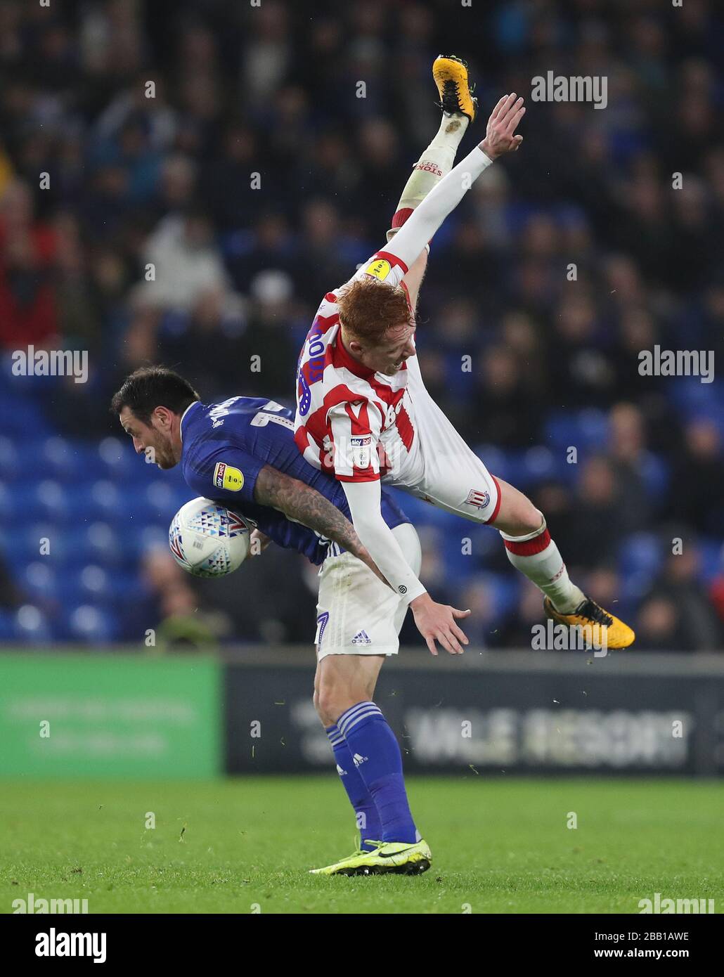 Cardiff City's Lee Tomlin (left) and Stoke City's Ryan Woods battle for ...