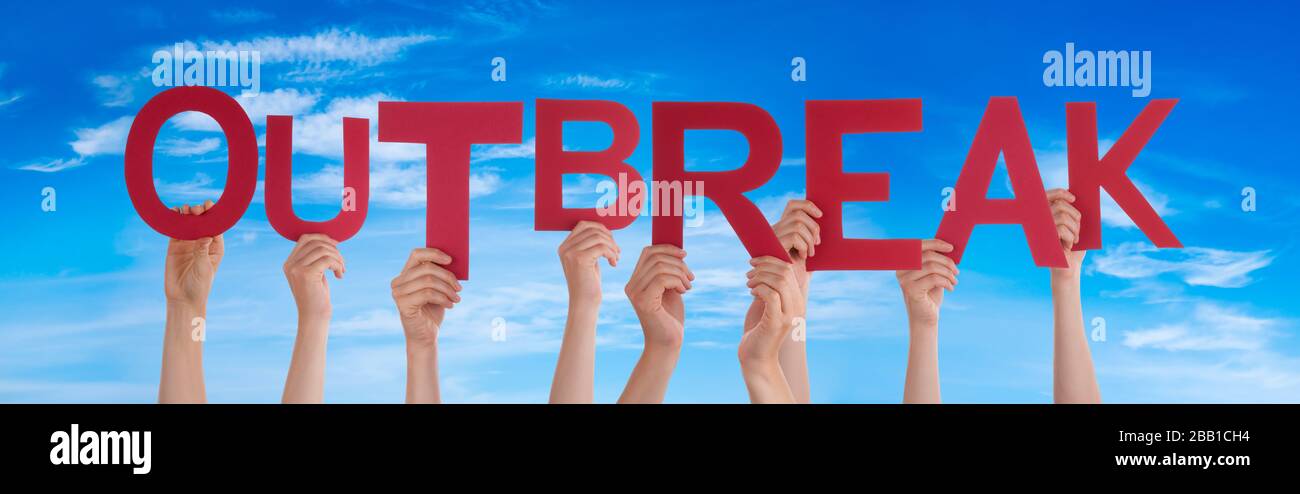People Hands Holding Word Outbreak, Blue Sky Stock Photo - Alamy