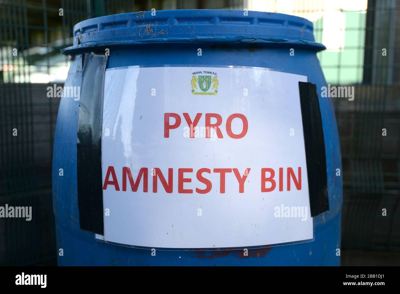 General view of a Pyrotechnic Amnesty Bin at Huish Park, home to Yeovil ...