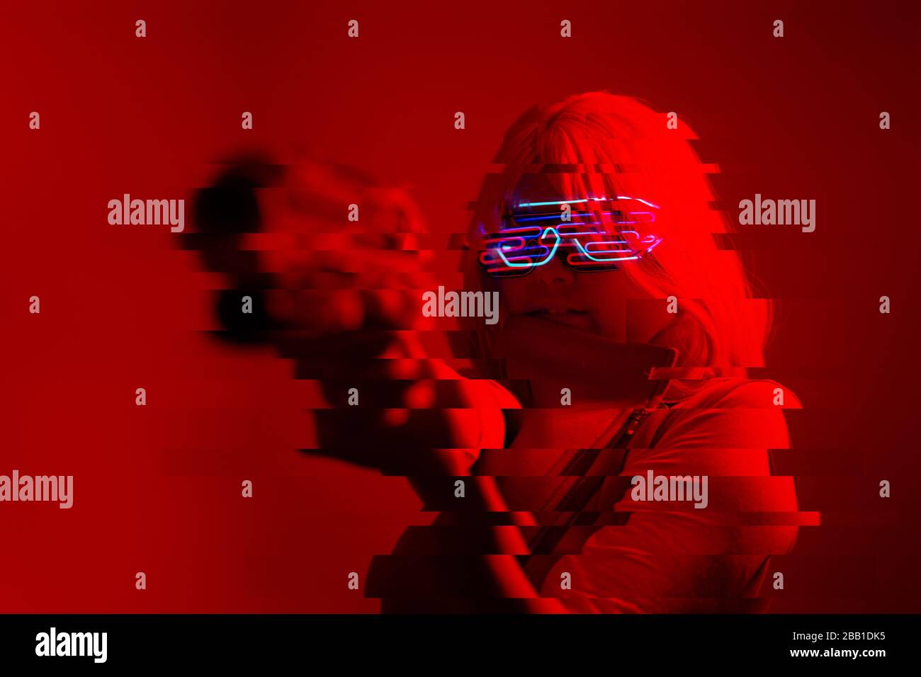 Girl with blaster in the futuristic battle. Concept virtual reality ...