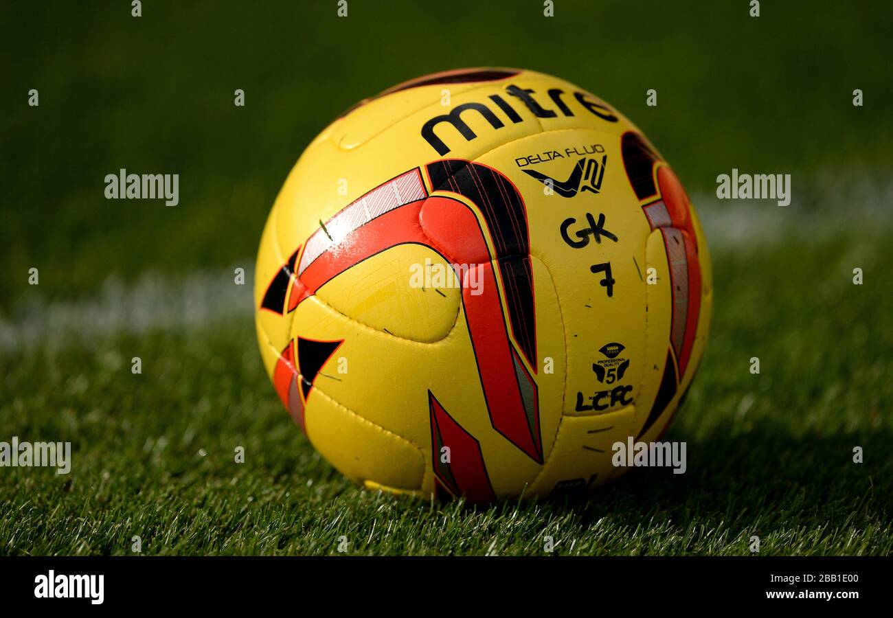 General view of an official yellow Mitre winter match ball Stock Photo ...