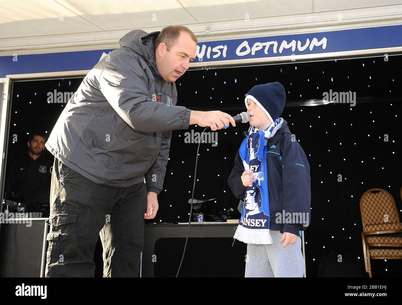 Young everton fan on stage in the fan zone kick off hi-res stock ...