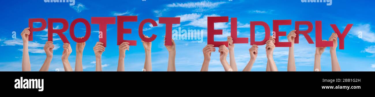 People Hands Holding Word Protect Elderly, Blue Sky Stock Photo - Alamy