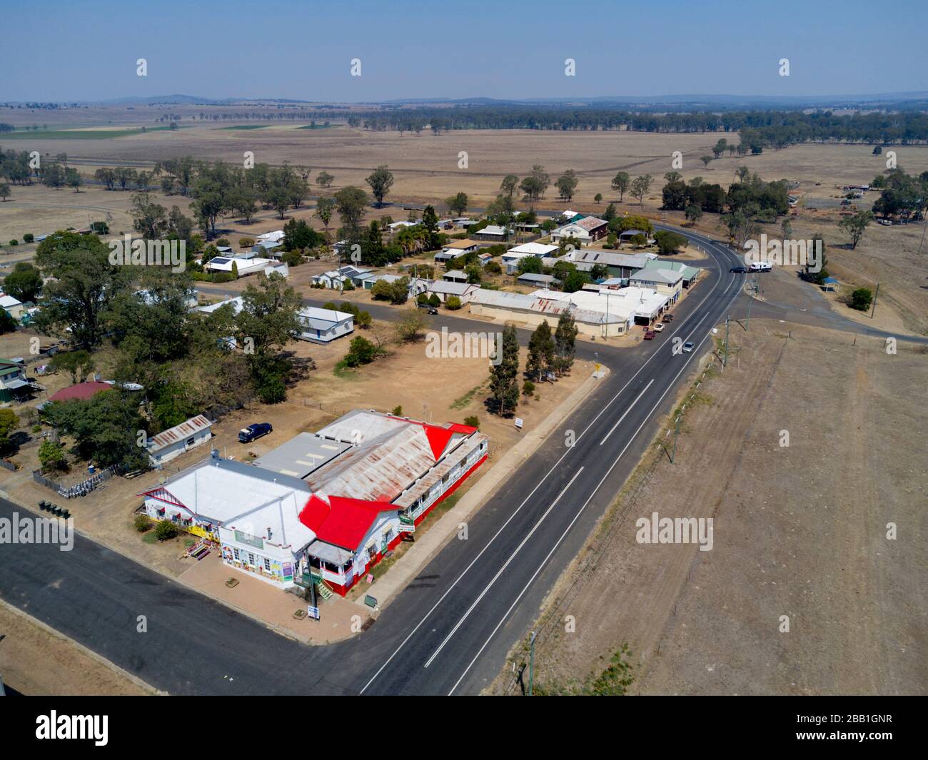 Aerial of the small village of Mulgildie Hotel Queensland Australia ...