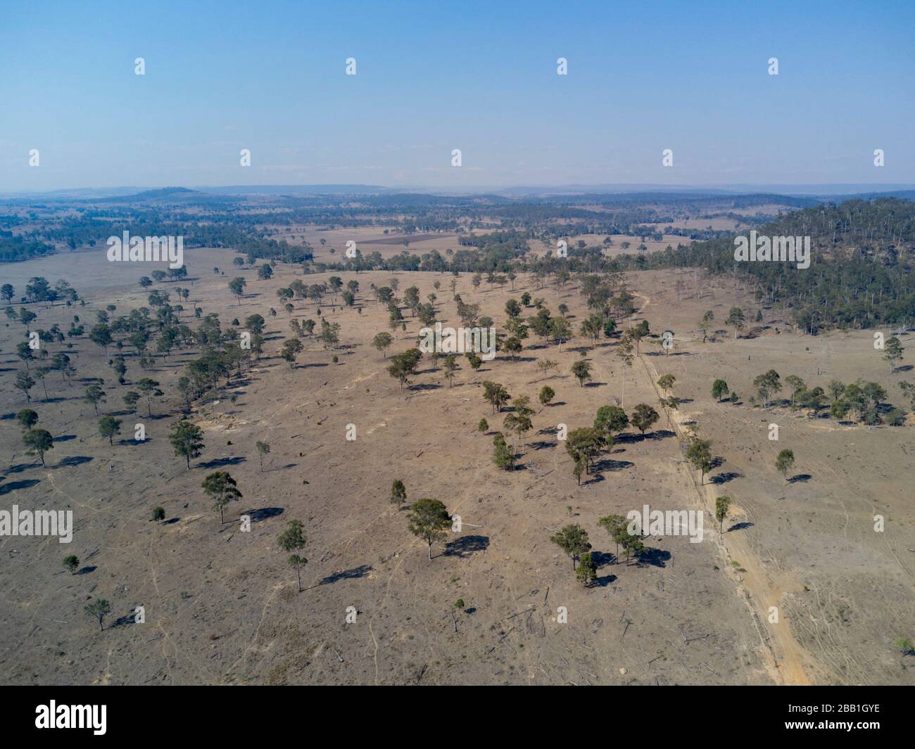 Aerial of drought affected rural landscape near Abercorn Queensland ...