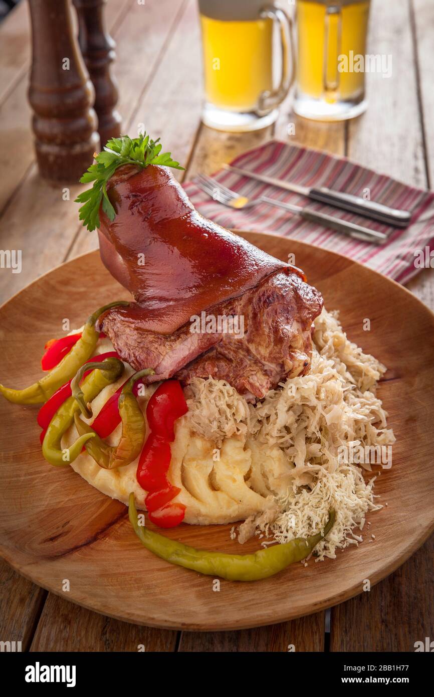 traditional german food pork knuckle mashed potato horseradish hot ...