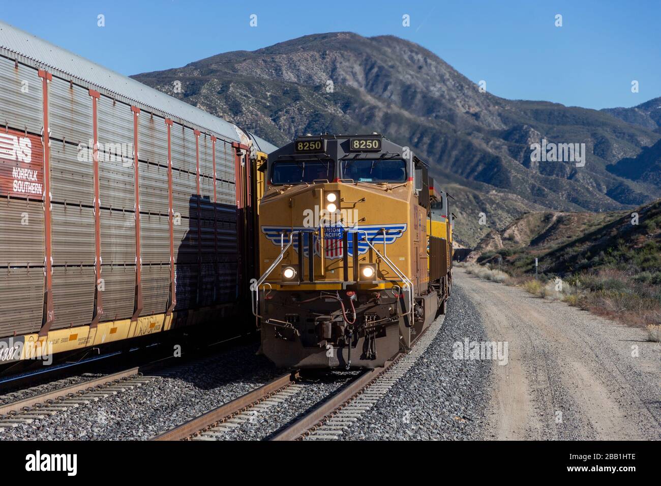 An eastbound Union Pacific freight train climbs the Cajon Pass on Friday, January 10, 2020 in ...
