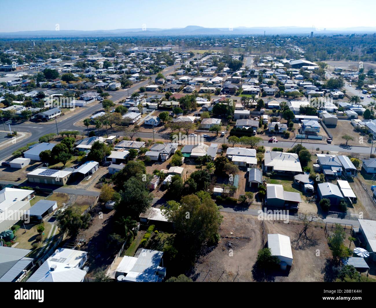 Aerial of cottages and houses in the township of Biloela Banana Shire ...