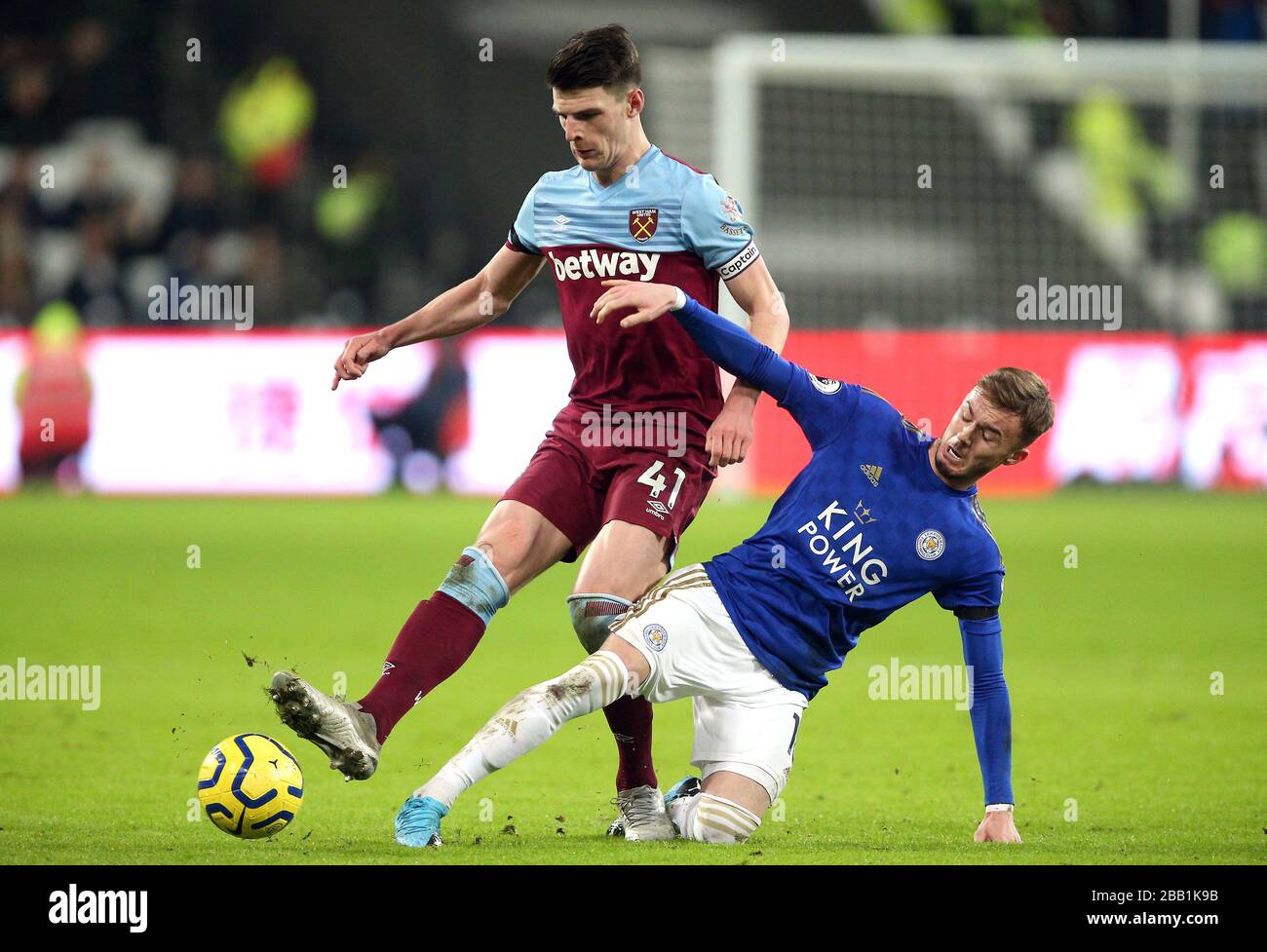 West Ham United's Declan Rice (left) and Leicester City's James ...