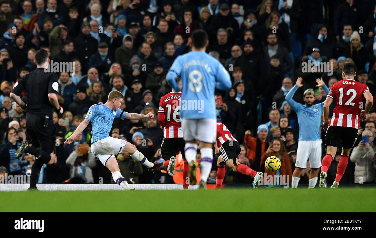 Manchester City's Kevin De Bruyne scores his side's second goal of the ...