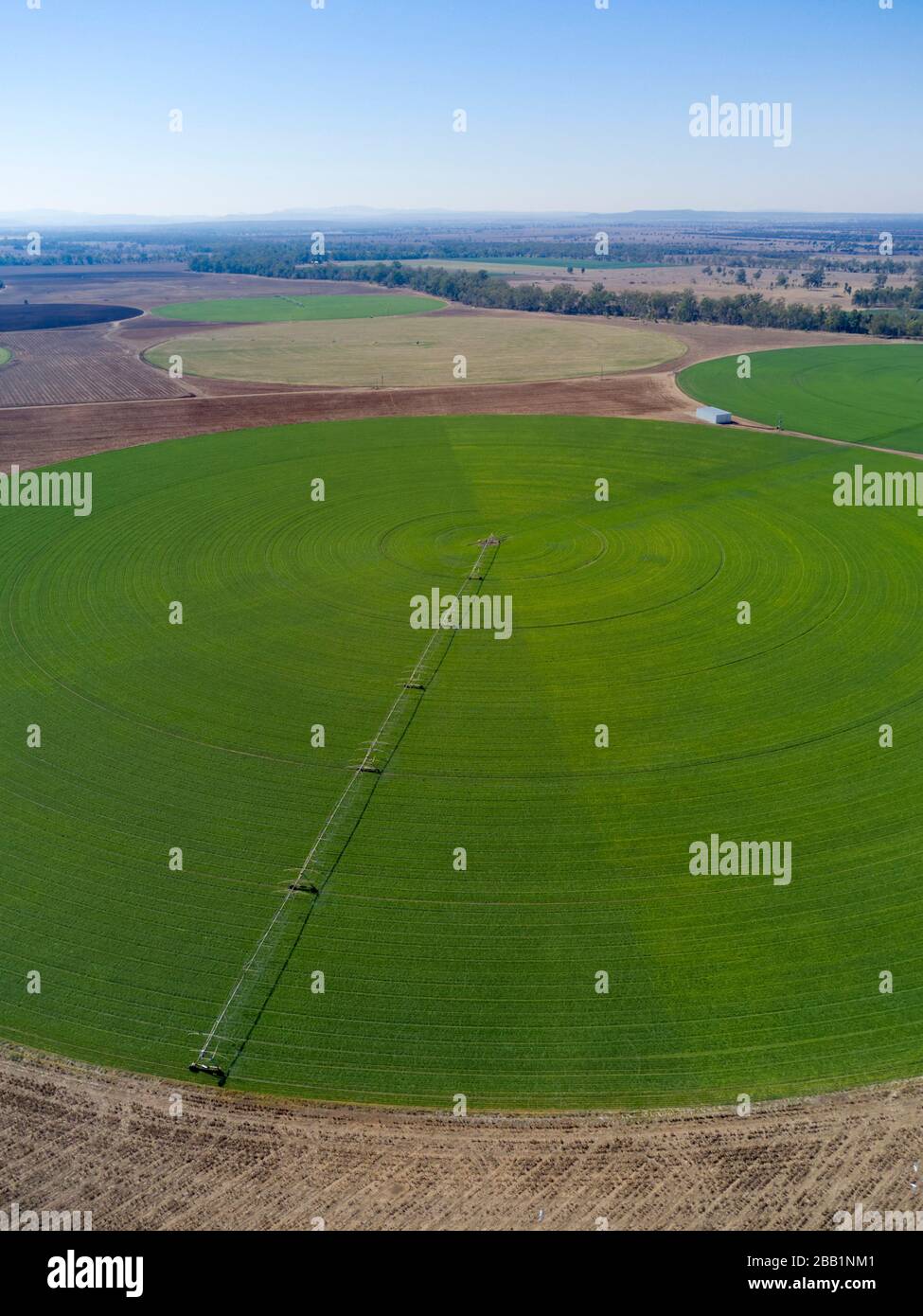 Aerial of centre pivot irrigation system in use growing lucerne for ...