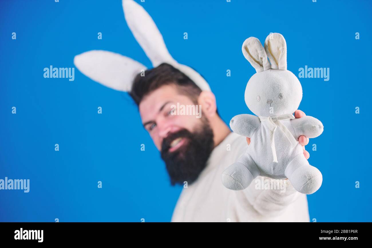 Funny bunny man with beard and mustache. Easter symbol concept. Guy ...