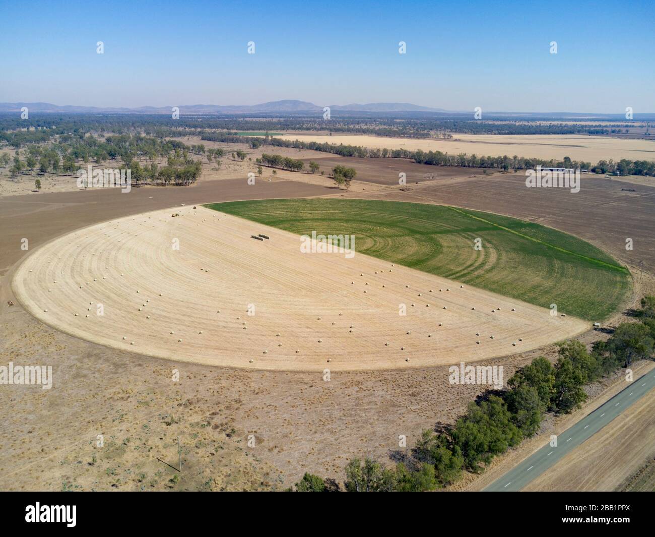 Aerial of centre pivot irrigation system in use growing lucerne for ...
